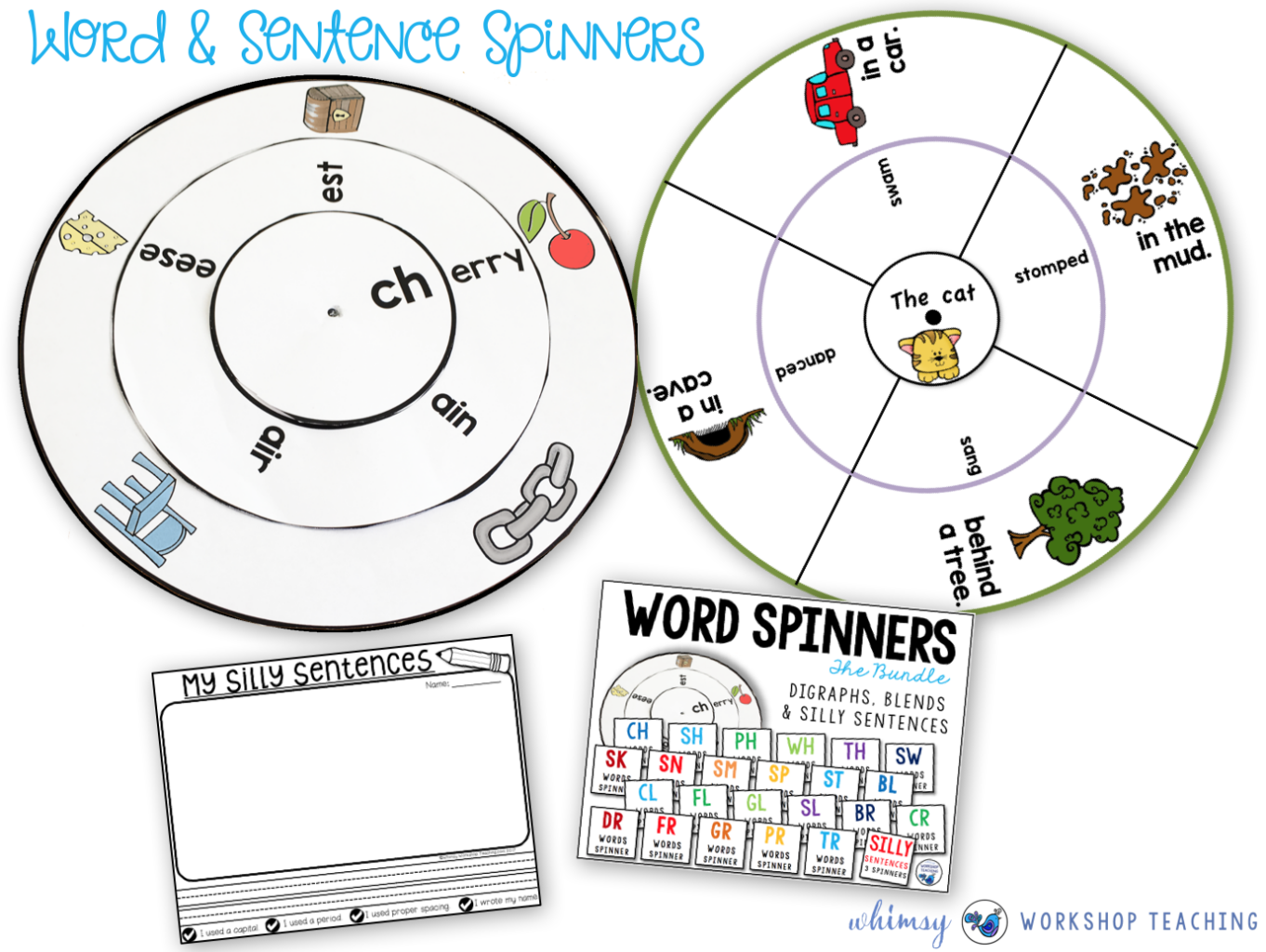 Phonics and Silly Sentence Spinners - Whimsy Workshop Teaching
